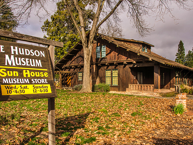 The Grace Hudson Museum's Sun House stands as a craftsman masterpiece among autumn leaves, offering a glimpse into early 20th century California artistry and architecture.