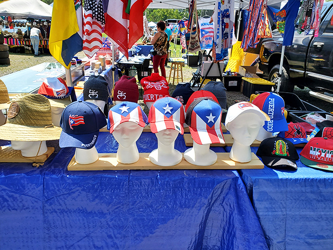 The headwear United Nations! Puerto Rican flags and American patriotism meet on this display of caps that tell stories without saying a word.