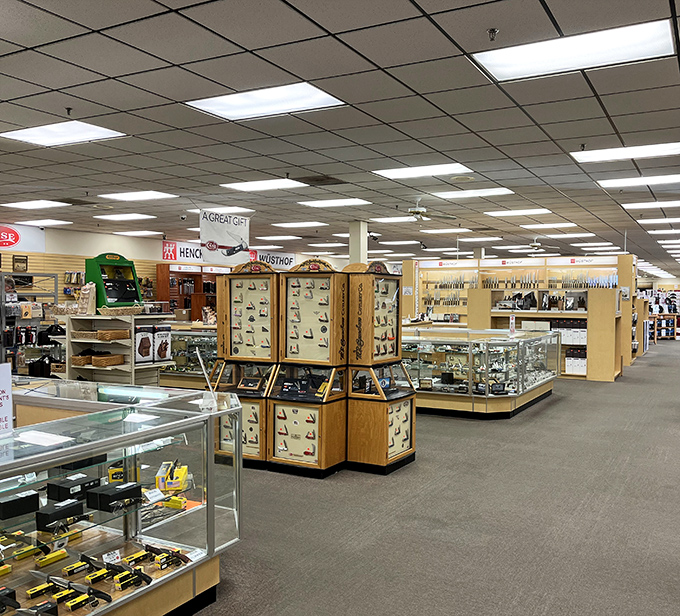 A knife collector's paradise unfolds inside, with display cases showcasing craftsmanship that transforms simple tools into heirloom-worthy treasures.