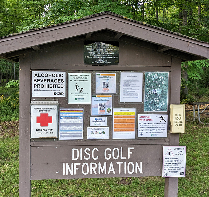Even the information board has personality at Prince Gallitzin, offering disc golf details while reminding visitors that nature's cocktails come alcohol-free.