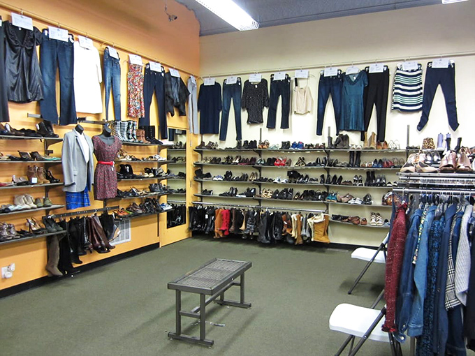 A meticulously organized wonderland where shoes line the walls like an art installation and clothing waits patiently for its second chance at fashion glory.