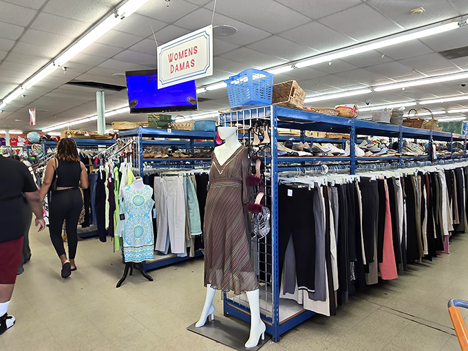 Fashion archaeology at its finest&mdash;rows of carefully organized women's clothing await their second chance at making someone feel fabulous.