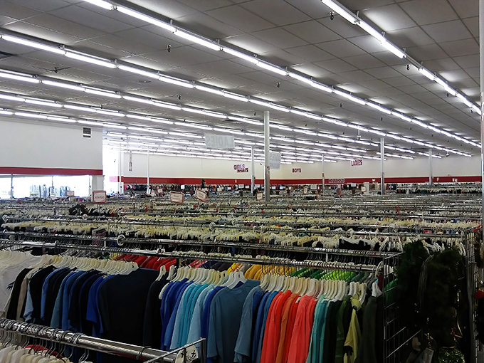Endless racks stretch toward the fluorescent horizon. This clothing metropolis makes Manhattan's department stores look like corner bodegas.