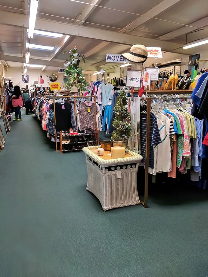 Racks upon racks of carefully organized clothing create a treasure hunter's paradise where one person's castoffs become another's fashion statement.