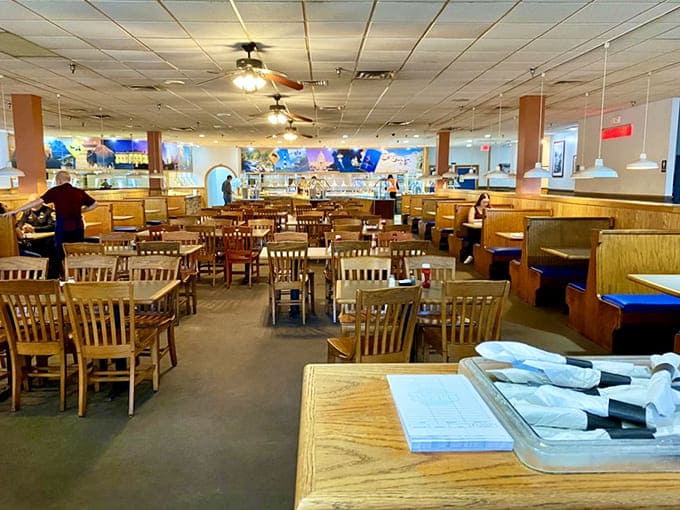 Wooden booths and tables create that classic "stay awhile" atmosphere where food comas are not just expected&mdash;they're practically guaranteed.