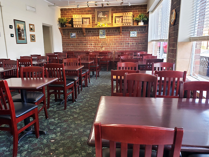 Simple wooden chairs and tables await hungry patrons in a dining room where conversations flow as freely as the gravy. No designer needed when the food is this good.