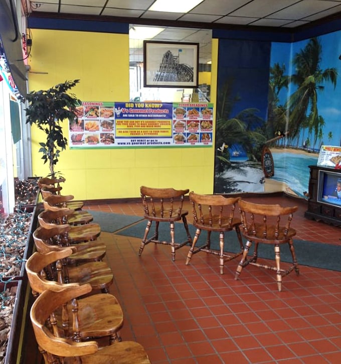 Wooden chairs, yellow walls, and a tropical beach mural &ndash; V's interior isn't trying to impress you with d&eacute;cor. They're saving all that energy for what happens in the kitchen.