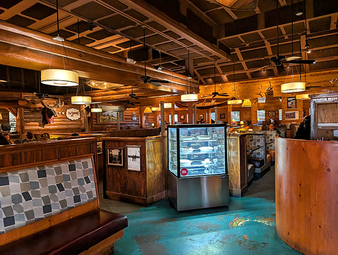 Step inside and you're transported from Central Valley to alpine retreat&mdash;wooden beams, warm lighting, and the promise of sizzling steaks ahead.