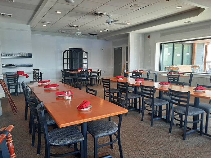 Simple elegance with water views that steal the show. Those red napkins aren't just decorative&mdash;they're warning flags that you'll never want to leave.