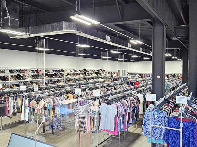 Rows upon rows of neatly organized clothing await treasure hunters. No archaeological degree required—just patience and a good eye for fashion gems.