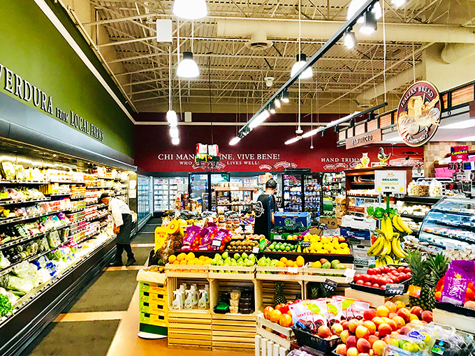 Produce paradise meets Italian wonderland. The market's interior bursts with colorful fruits and vegetables that would make any nonna nod in approval.