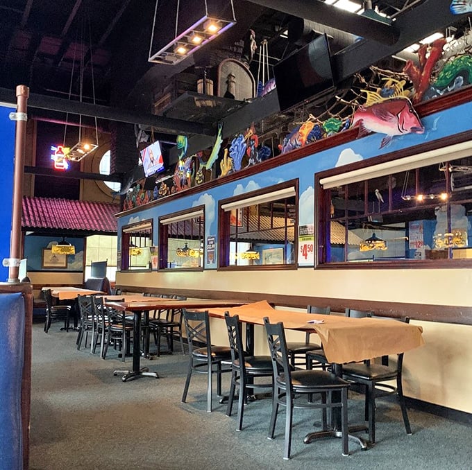 Inside, fishing nets and colorful marine decor transform an inland Orlando spot into a coastal escape. The nautical theme isn't subtle, but that's exactly the point.