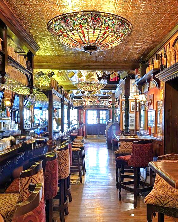 Step inside and the stained glass fixtures transport you to another era. This isn't just a pub&mdash;it's a time machine with excellent food service.