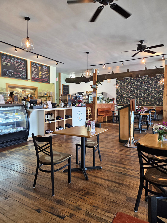 Warm wooden floors, globe pendant lights, and an inviting atmosphere make Cleveland Vegan feel less like a restaurant and more like the cool friend's house where everyone wants to hang out.