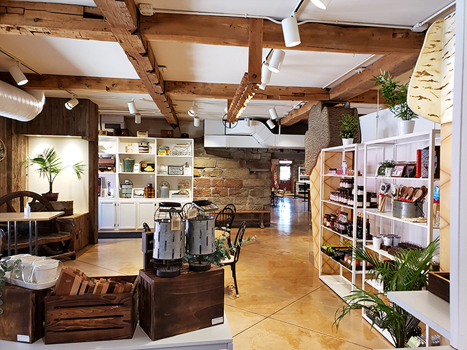 Rustic wooden beams meet modern retail space inside Ye Olde Mill, where history and ice cream create the perfect recipe for nostalgia.