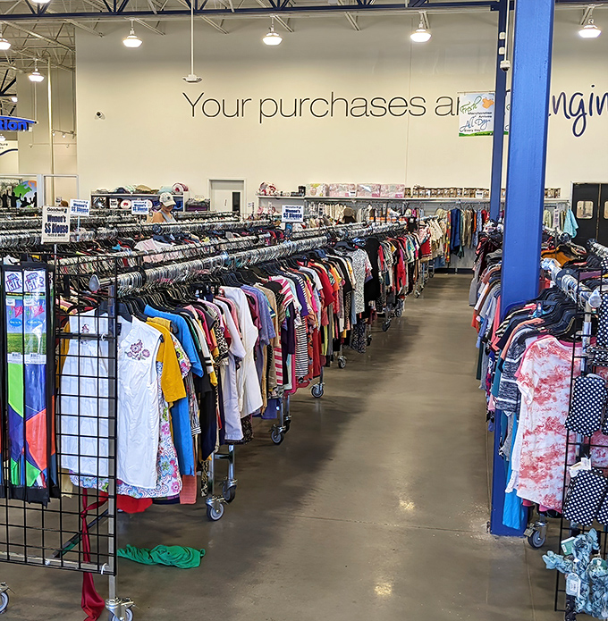 Rows upon rows of clothing treasures await discovery. It's like a textile Grand Canyon where fashion goes for its second act.
