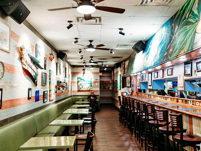 Long, narrow, and packed with character&mdash;the interior feels like a secret club where the password is "fresh seafood."