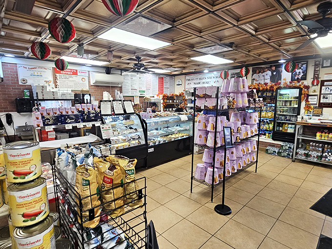 Step inside and the wooden ceiling tiles, hanging ornaments, and well-stocked shelves promise a feast for all senses.