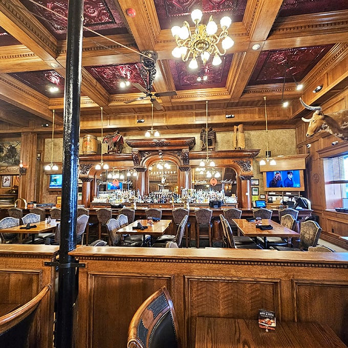 That ceiling! Those chandeliers! The bar's ornate woodwork transforms dinner into a scene from "Deadwood" &ndash; but with better food and fewer shootouts.