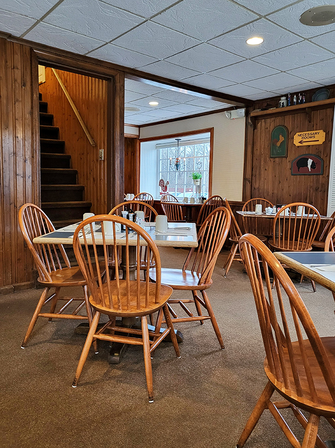 Windsor-back chairs and warm wooden paneling create that "grandma's dining room" feeling that no trendy bistro could ever replicate.
