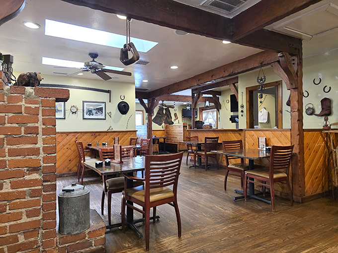 Exposed beams, wooden paneling, and horseshoes on the walls &ndash; this isn't designer "rustic chic," folks, it's the real deal that's been serving comfort for decades.
