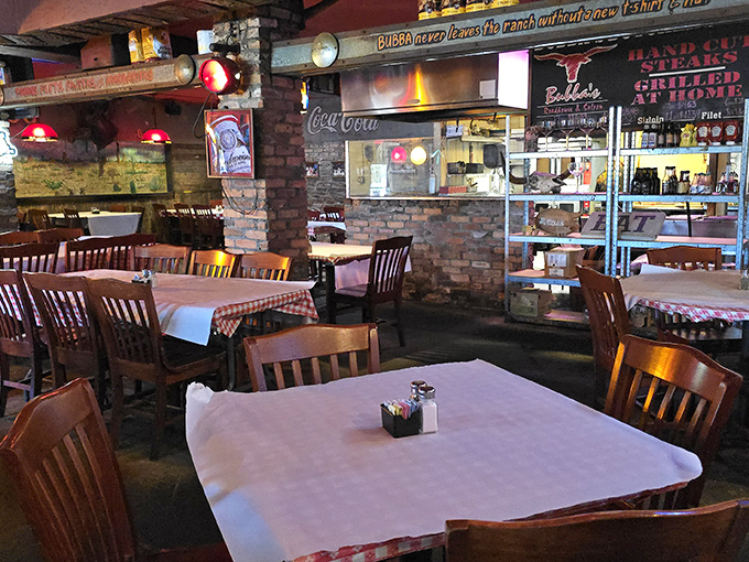 Classic roadhouse charm at its finest &ndash; wooden tables, checkered tablecloths, and brick walls that could tell stories if they could talk. This is comfort defined.