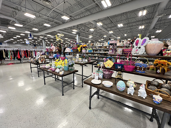 Seasonal displays greet shoppers like a thrifter's welcome committee. Those Easter bunnies have seen things, my friends.