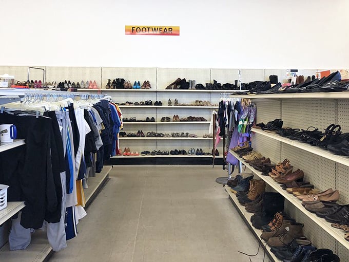 The footwear section resembles a shoe library, where every pair tells a story and waits for its next chapter to begin.