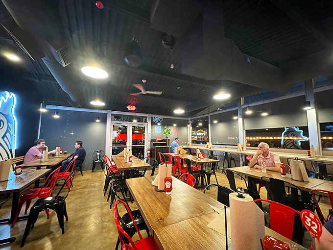 Modern industrial meets Southern comfort in this dining room where strangers become friends united by their willingness to challenge their taste buds.