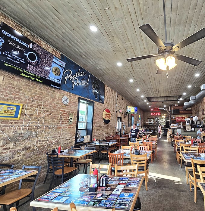 Step inside and you're greeted by exposed brick, wooden ceilings, and the unmistakable buzz of a beloved local institution where breakfast reigns supreme.