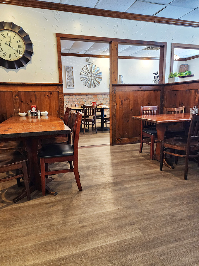 Warm wooden paneling and simple furnishings create that "grandma's dining room" vibe where calories don't count and conversations flow freely.