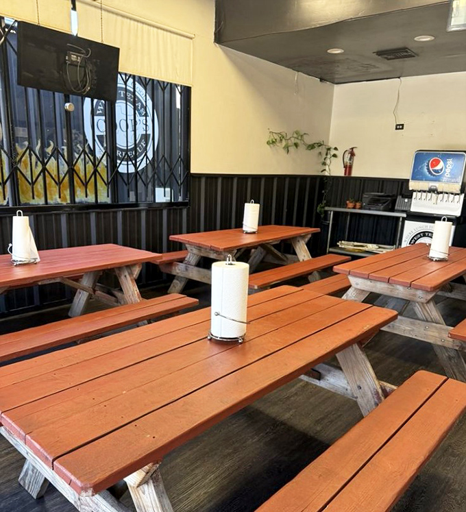 Picnic tables await the faithful&mdash;simple, sturdy, and ready for the serious business of Texas-style feasting in California.