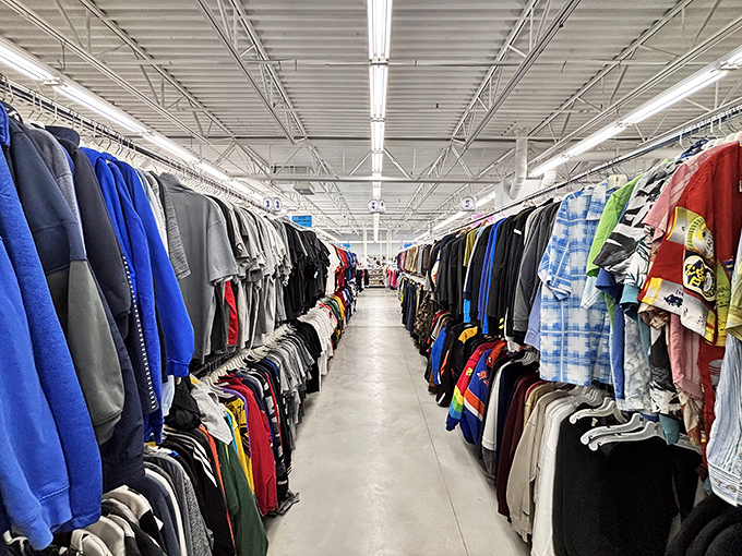 Endless rows of clothing create a textile ocean where fashion explorers can navigate through decades of style without sinking their budget.