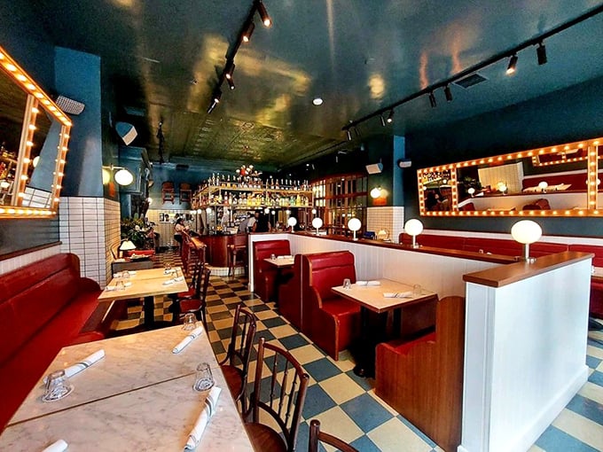 Blue ceilings, checkerboard floors, and red booths&mdash;it's like the French flag exploded into the coziest dining room this side of Montmartre.