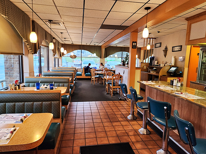 Classic booths in that unmistakable diner teal invite you to slide in and stay awhile. The terra cotta floors have supported generations of hungry patrons.