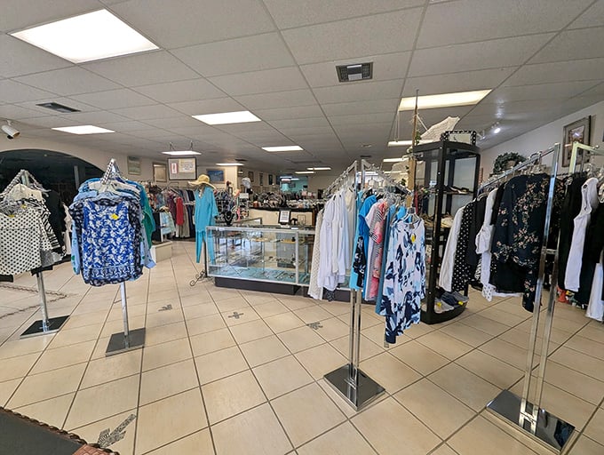 Racks of carefully curated clothing await their second chance at fashion glory. The blue tropical prints practically scream "Florida lifestyle upgrade!"