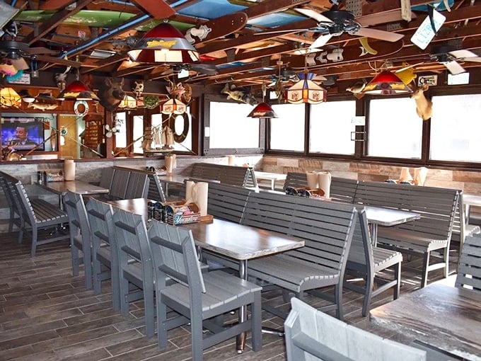 Nautical treasures dangle from every beam while simple bench seating keeps the focus where it belongs&mdash;on the seafood that's about to arrive at your table.