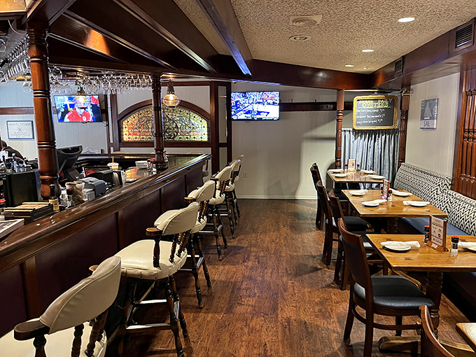 Dark wood, nautical charm, and comfortable seating create the perfect backdrop for seafood indulgence &ndash; like stepping into a cozy Cape Cod tavern.