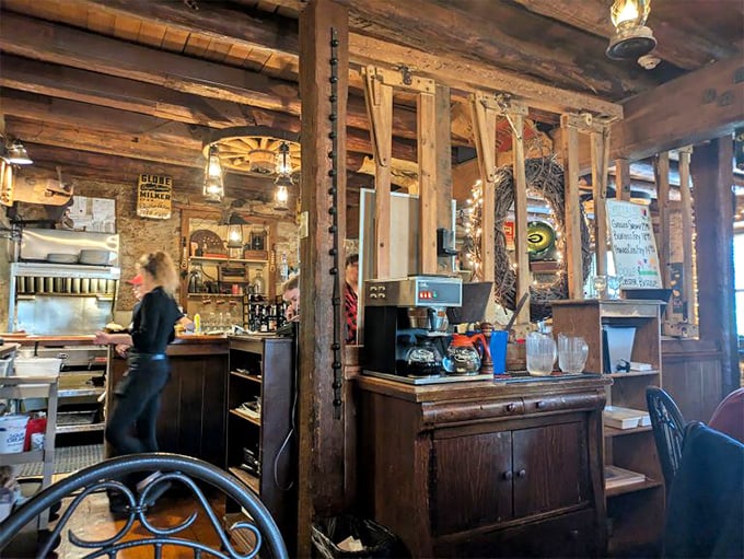 Exposed beams, stone walls, and vintage wood&mdash;this isn't interior design, it's a time machine to when restaurants prioritized character over concepts.