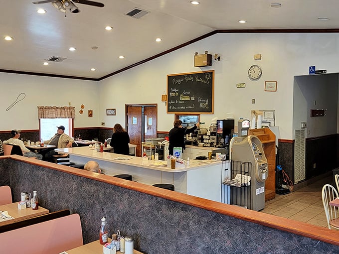The classic diner counter at Mary's &ndash; where strangers become neighbors and calories don't count before noon.