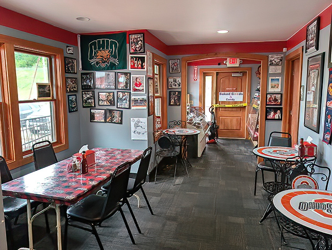 Inside, it's Buckeye Nation headquarters. The walls practically bleed scarlet and gray, with enough OSU memorabilia to make even a Michigan fan appreciate the dedication.
