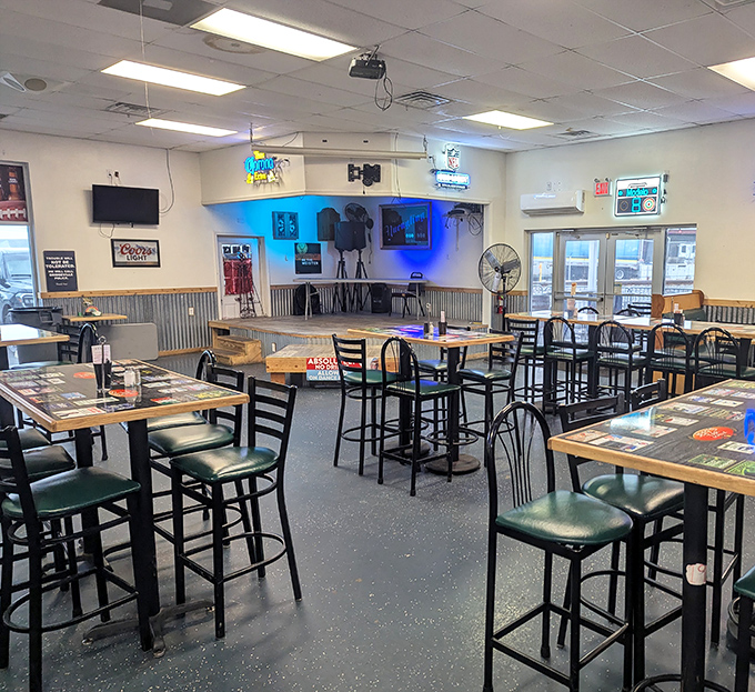 High-top tables, corrugated metal wainscoting, and TVs strategically placed &ndash; Jeff's interior is the textbook definition of "come as you are" dining.
