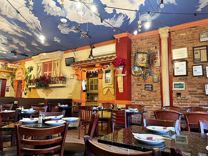 Step inside this Mediterranean dreamscape where painted skies meet exposed brick, creating Italy right in downtown Bethlehem.