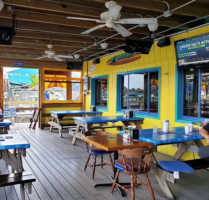 Inside, vibrant colors and nautical touches create an atmosphere where flip-flops feel perfectly appropriate and pretension is strictly forbidden.