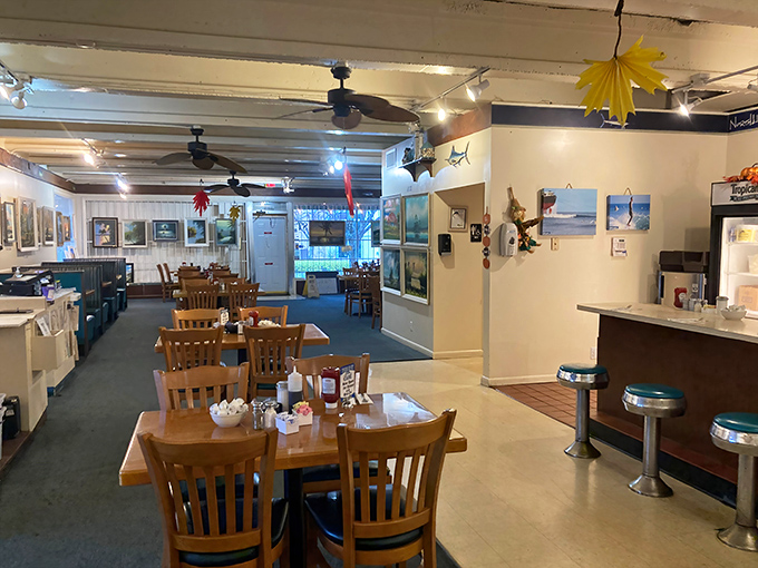 The interior feels like your favorite aunt's beach house, if she happened to master hollandaise sauce.