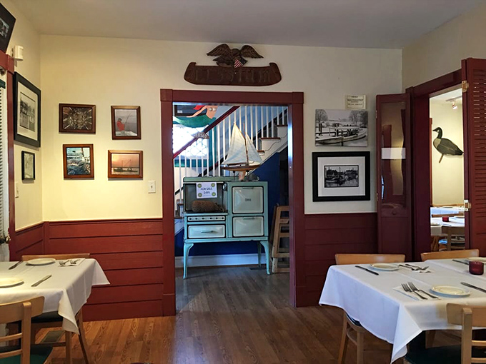 Step inside and you're transported to a maritime-themed dining room where wooden accents and nautical memorabilia tell stories of Chesapeake Bay's rich history.