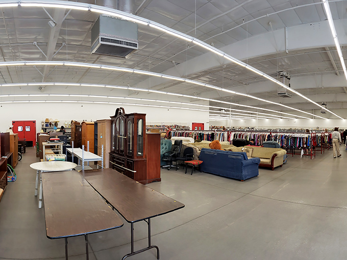 A thrifter's paradise stretches before you – furniture, clothing, and possibilities arranged in a beautiful chaos that beckons exploration.