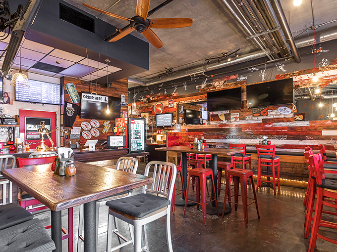 Industrial chic meets maritime comfort in this cozy interior where lobster dreams come true.