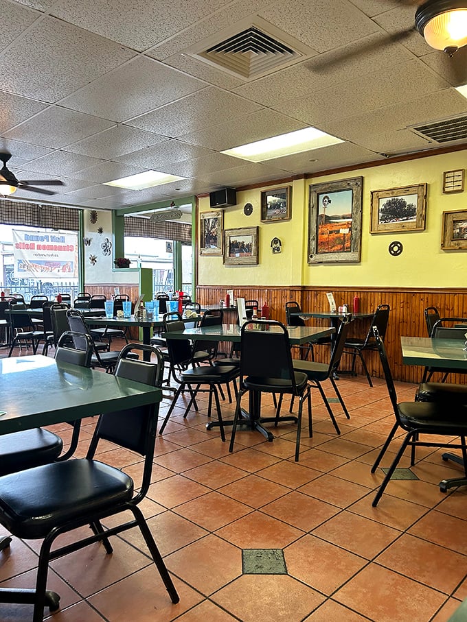 Classic diner ambiance with wood paneling and local artwork&mdash;the kind of place where breakfast decisions become life's most important choices.
