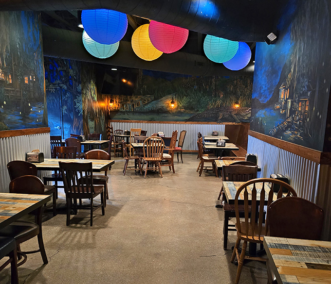 Step inside and you're transported to a pirate's cove of culinary treasures, where paper lanterns cast a carnival glow over serious barbecue business.